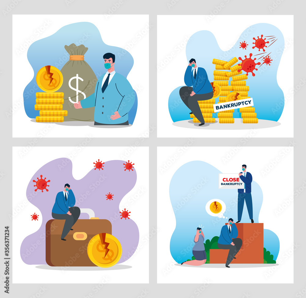 businessmen with masks and money icon set design of bankruptcy and ...