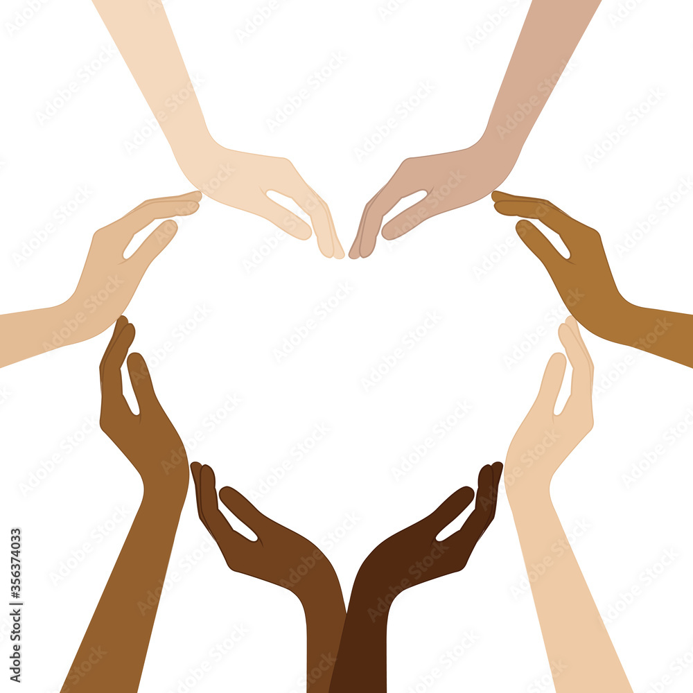 human hands with different skin colors form a heart vector illustration ...