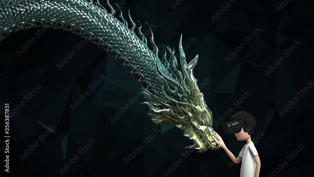 The man wear goggle virtual reality and touch chinese dragon digital ...