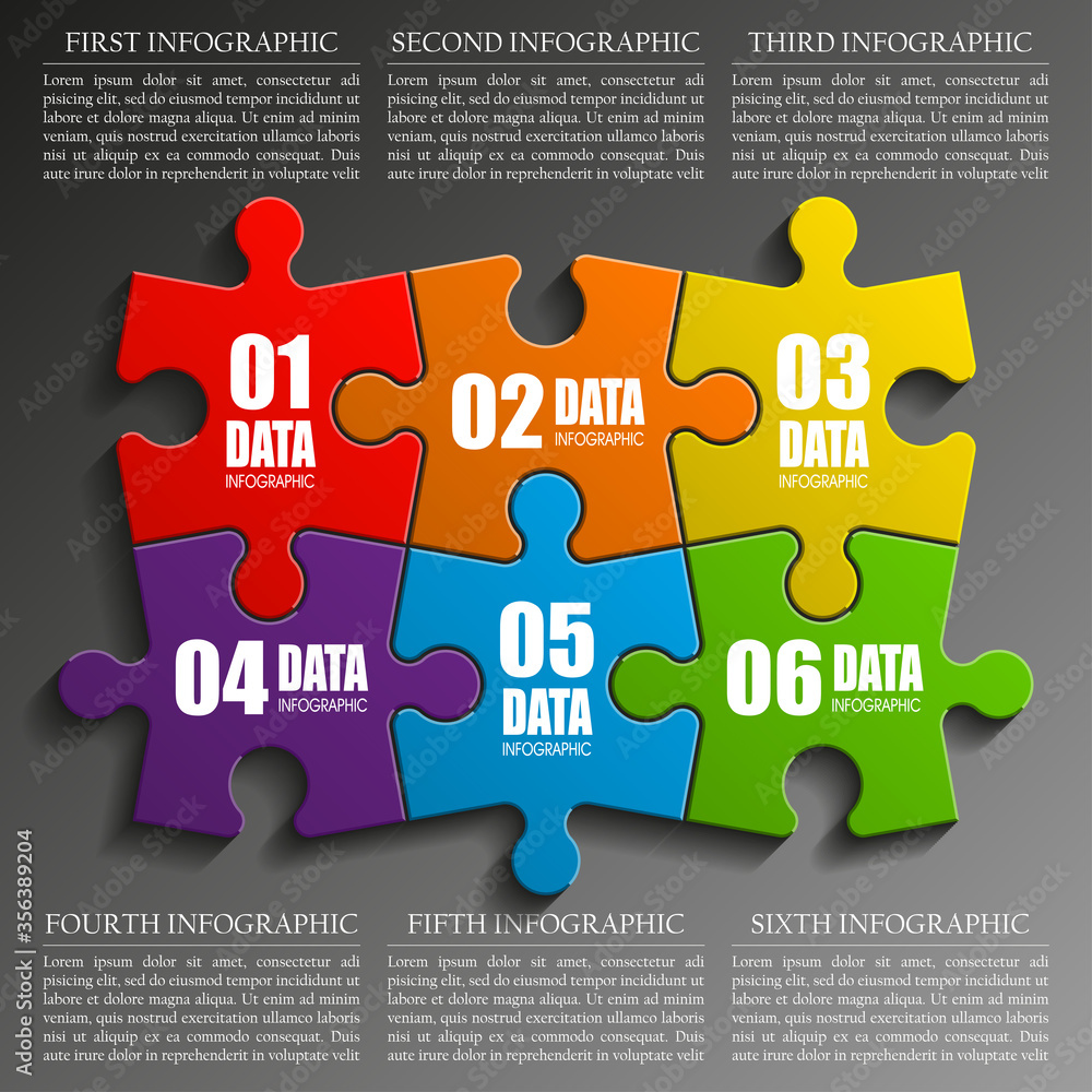 Six sided 3d puzzle presentation infographic template with explanatory ...