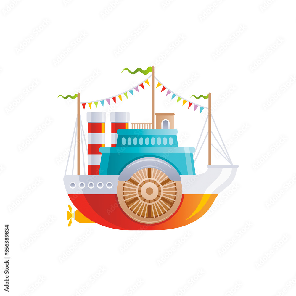 Cartoon vintage ship with wheel icon. Old retro river boat for logo ...