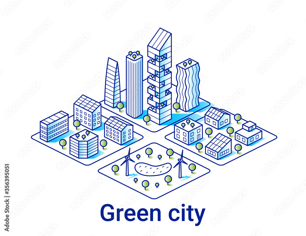 Green city illustration in linear isometric style. Modern eco houses ...