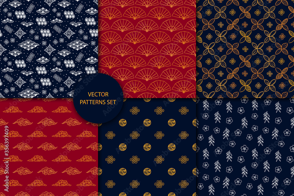 Asian patterns set. Kabuki theatre costumes fabric. Japanese doodles ...