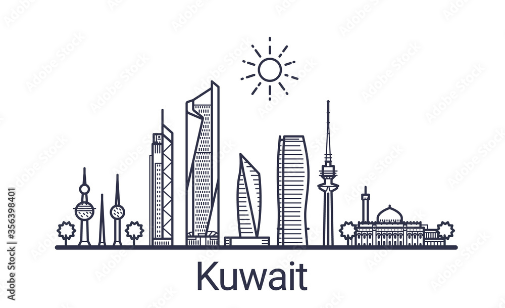 Linear banner of Kuwait city. All Kuwait buildings - customizable ...