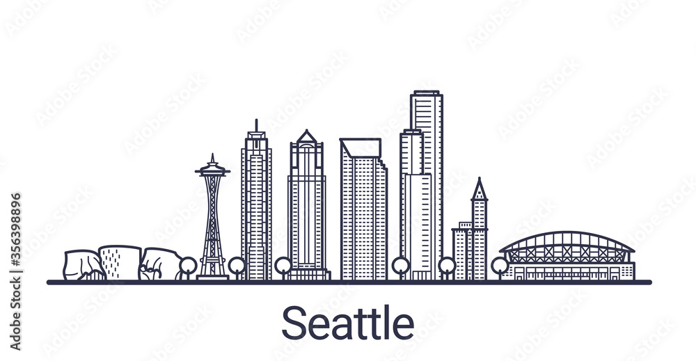 Linear banner of Seattle city. All buildings - customizable different ...