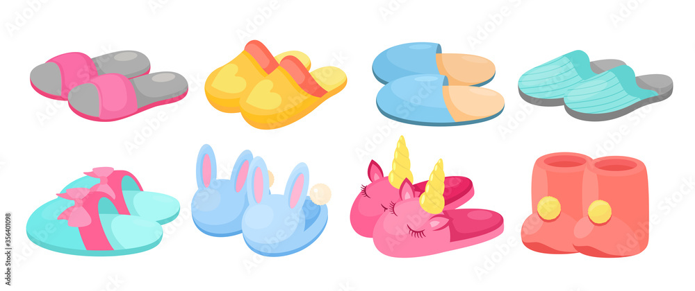 Slippers vector illustration set. Cartoon flat home warm comfortable ...