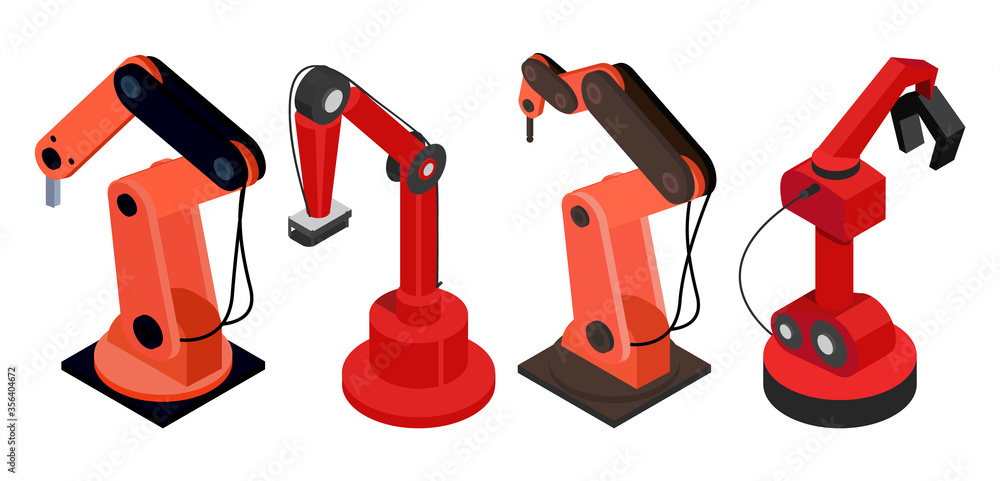 Set automated robotic mechanisms isolated on white. Factory robotic ...