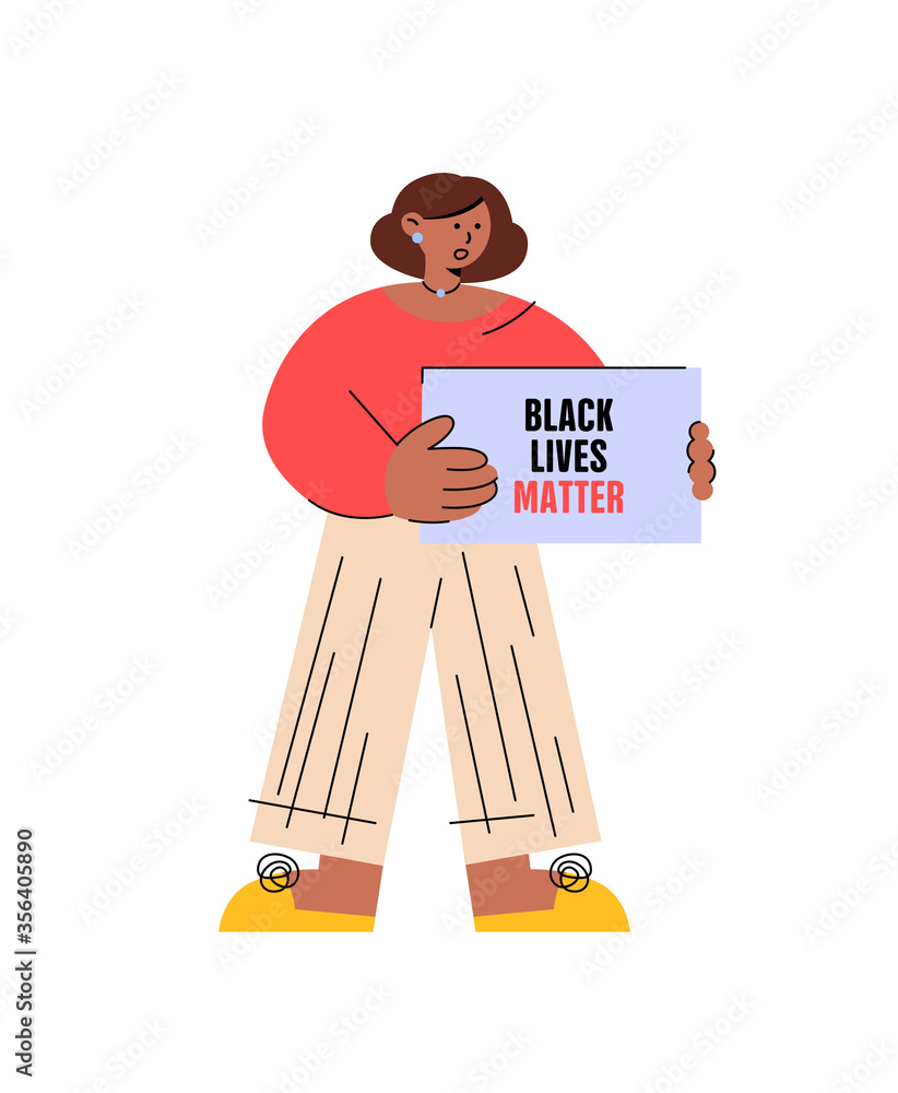 No racism. A black character in cartoon style holds a poster with the ...
