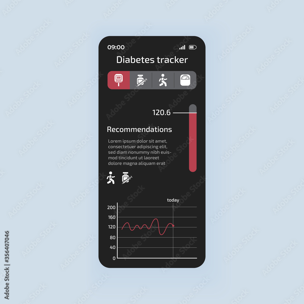 Diabetes tracking smartphone interface vector template. Mobile app page ...