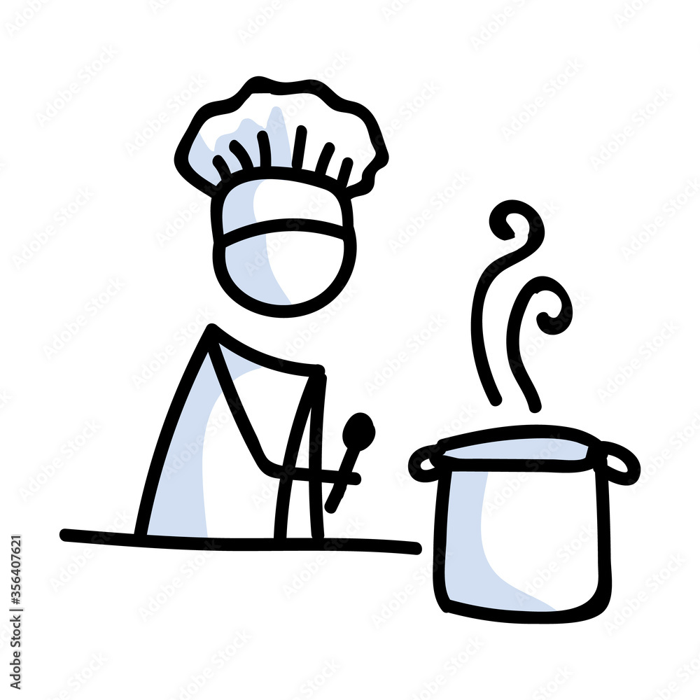 Cute stick figure chef cooking at home lineart icon. Dinner preparation ...