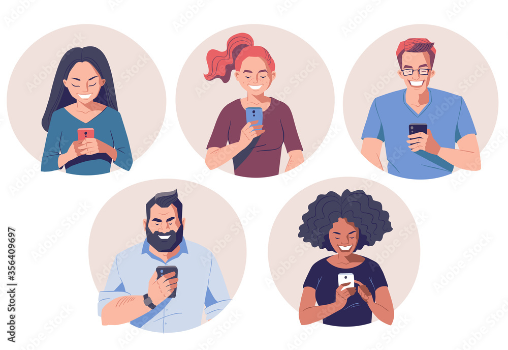 Group of people with smartphones. Men and women holding mobile phone in ...