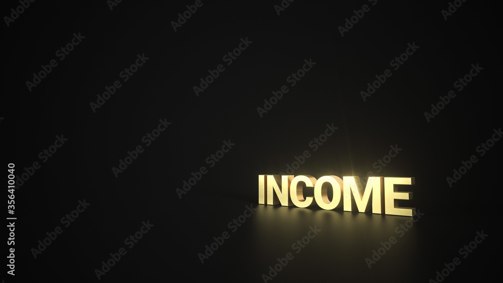 Income Golden lettering on a reflective floor with black background and ...