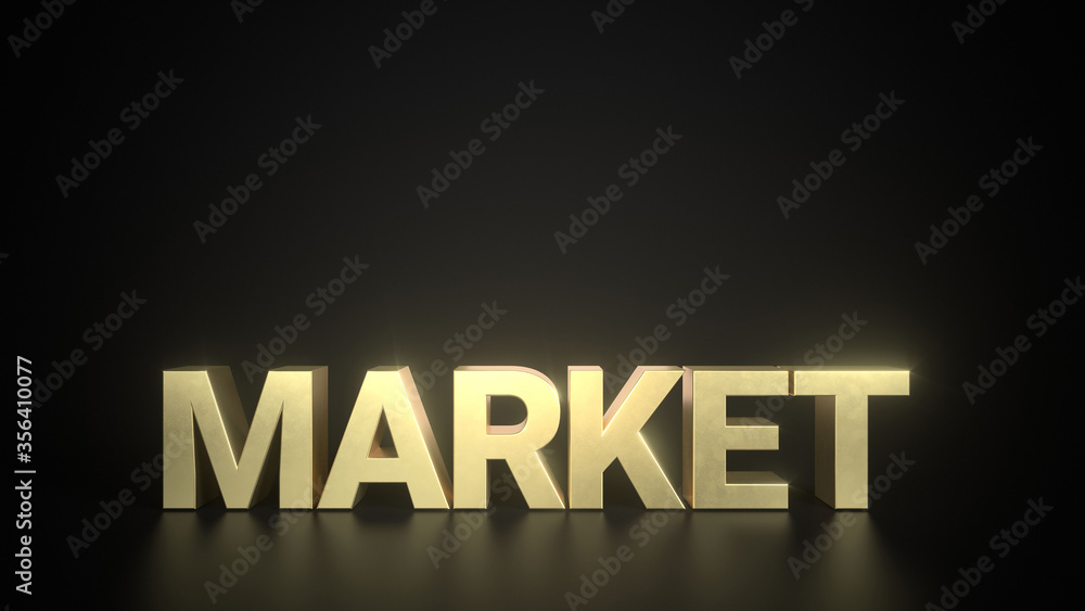 Market Golden lettering on a reflective floor with black background and ...
