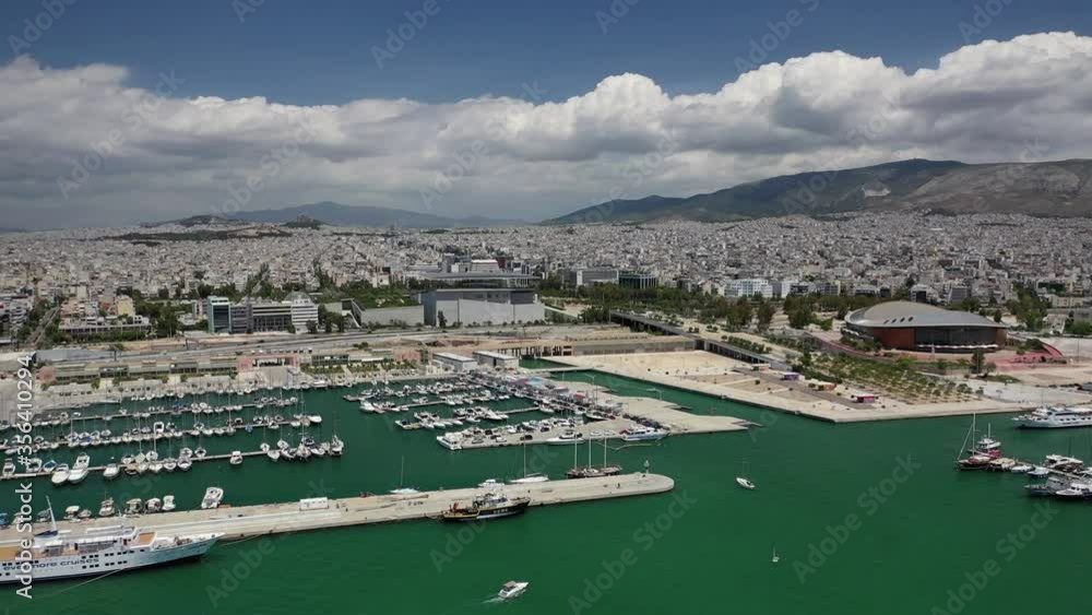 Aerial drone video of famous Marina of Faliron with anchored yachts ...