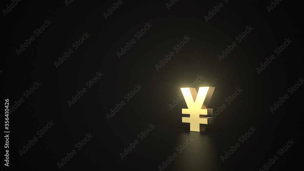 Yen Symbol Golden lettering on a reflective floor with black background ...