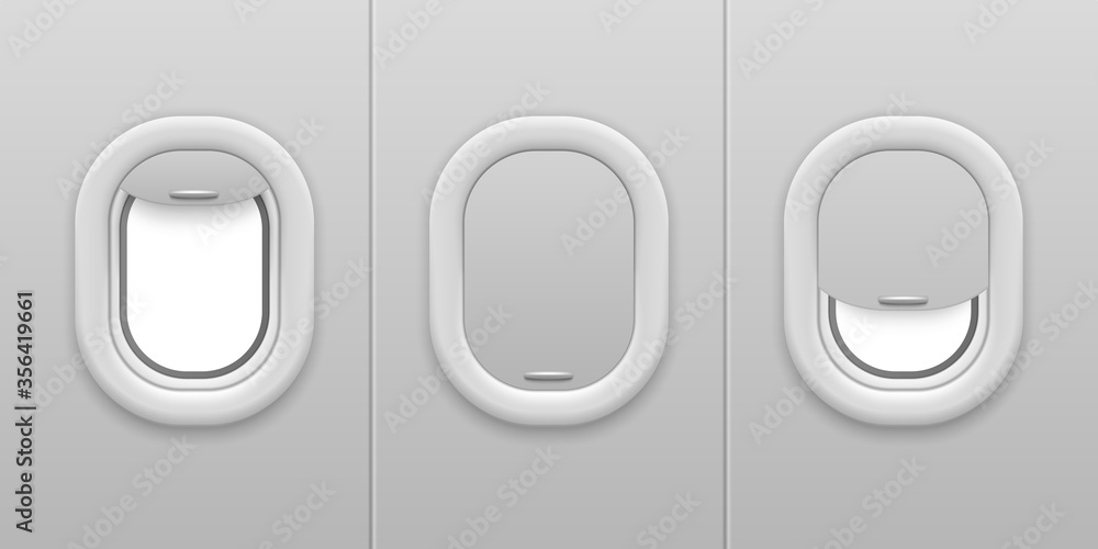 Airplane window. Aircraft illuminator. Open and closed, plastic and ...
