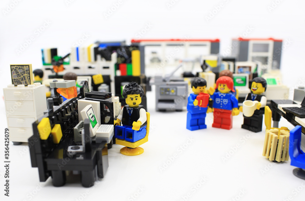 HONG KONG,MARCH 22: Studio shot of Lego people in office, combine from ...