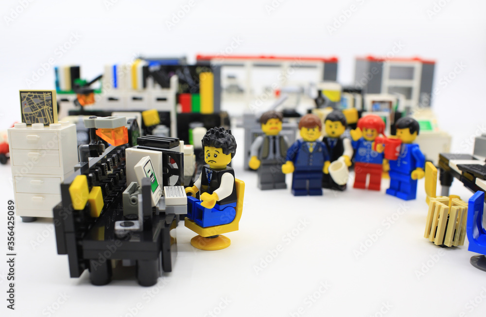 HONG KONG,MARCH 22: Studio shot of Lego people in office, combine from ...