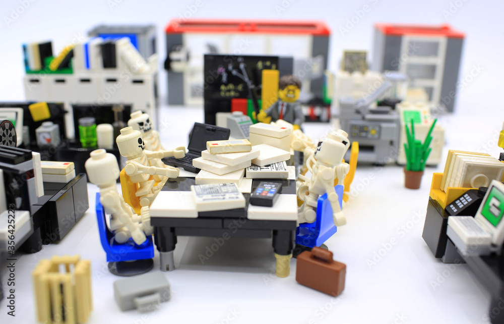 HONG KONG,MARCH 22: Studio shot of Lego people in office, combine from ...