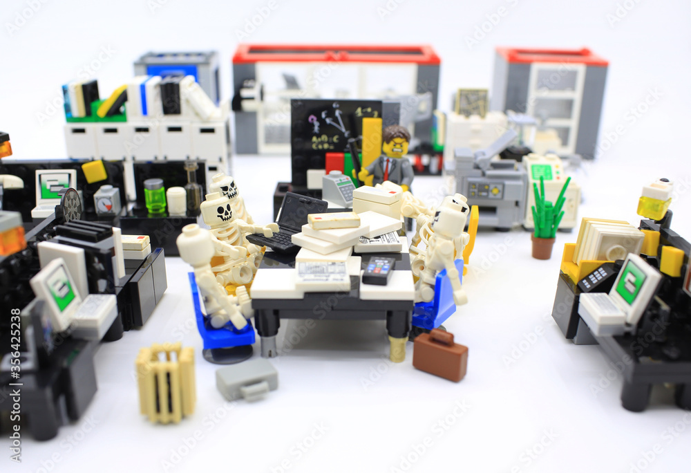 HONG KONG,MARCH 22: Studio shot of Lego people in office, combine from ...