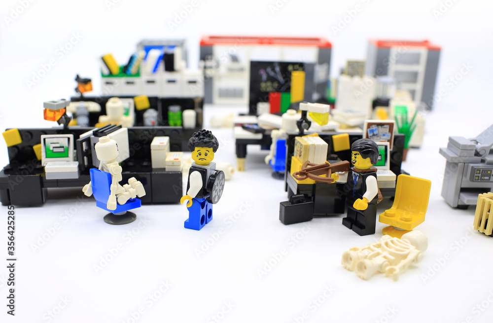 HONG KONG,MARCH 22: Studio shot of Lego people in office, combine from ...