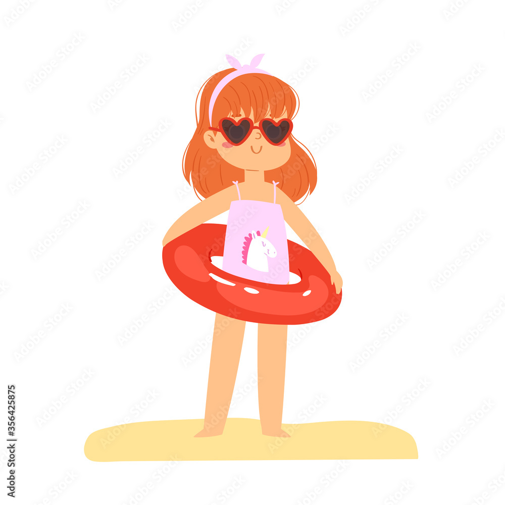 Cute cartoon little girl have fun and jumping on the beach with ...