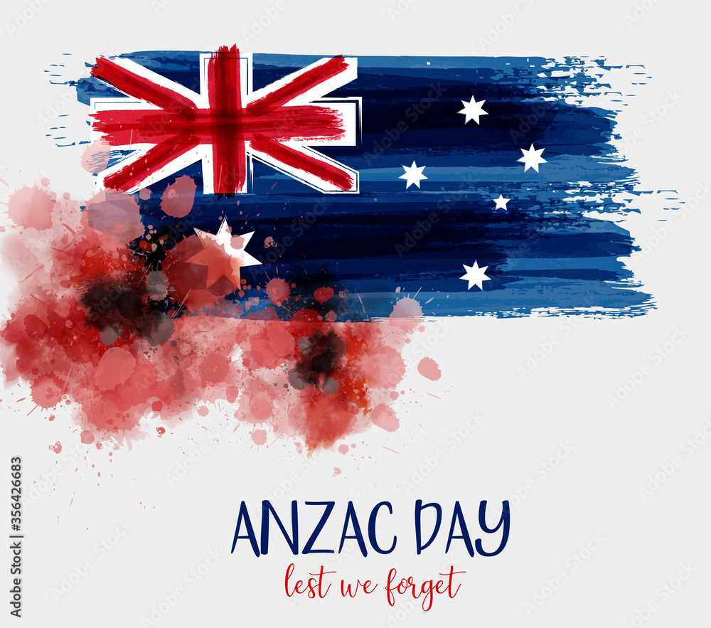 Anzac Day background with grunge watercolor Australia flag and two red ...