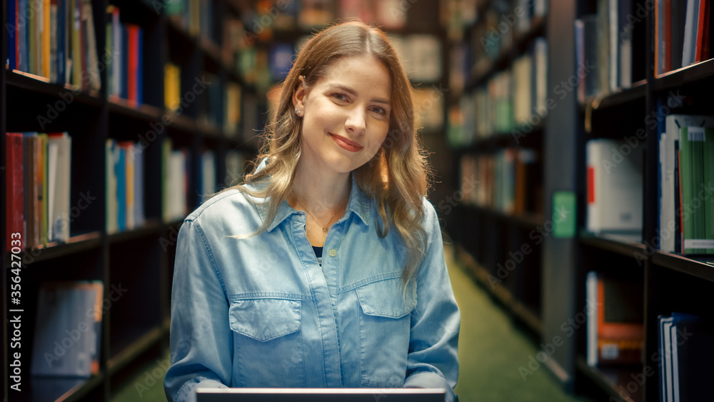 University Library Study: Portrait of Smart Beautiful Caucasian Girl ...