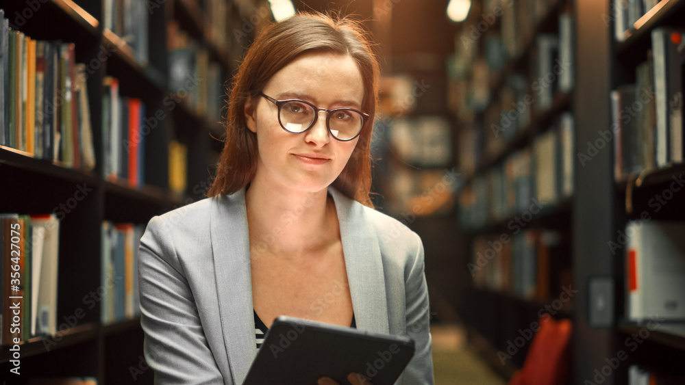 University Library Study: Portrait of a Smart Beautiful Caucasian Girl ...
