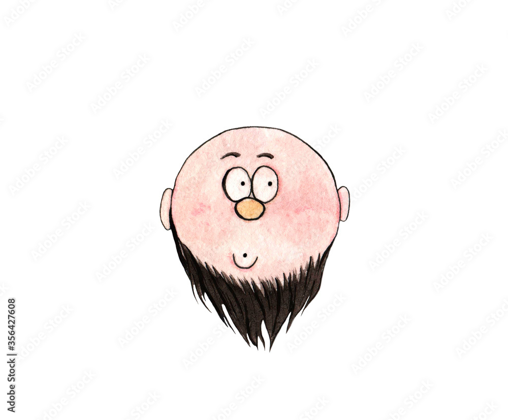 Hand Drawn Watercolor Illustration Of Simple Cartoon Face With Beard Funny Weird Face Sketch