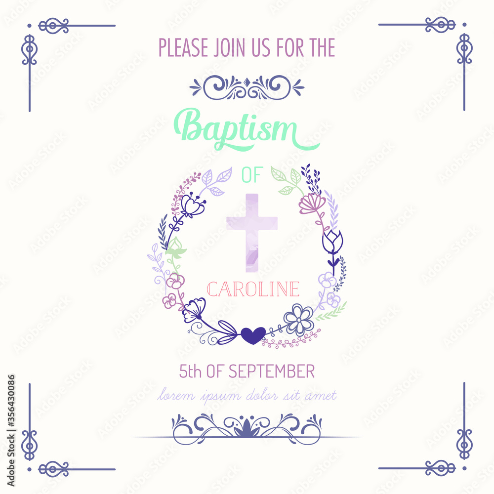 Cute vintage Baptism invitation card with hand drawn flowers Stock ...