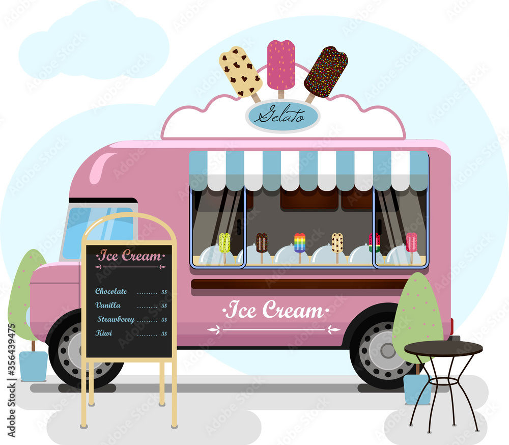 Street food truck with ice cream. Vector flat illustration of a pastry ...