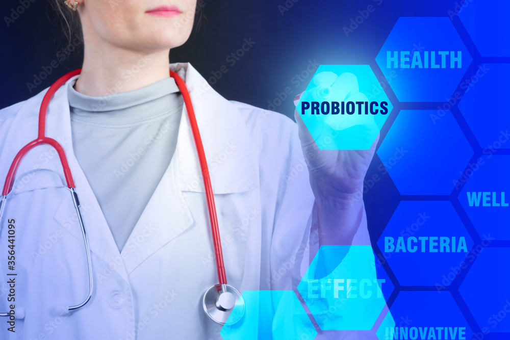 Probiotics bacteria. Medic girl clicks on inscription probiotics ...