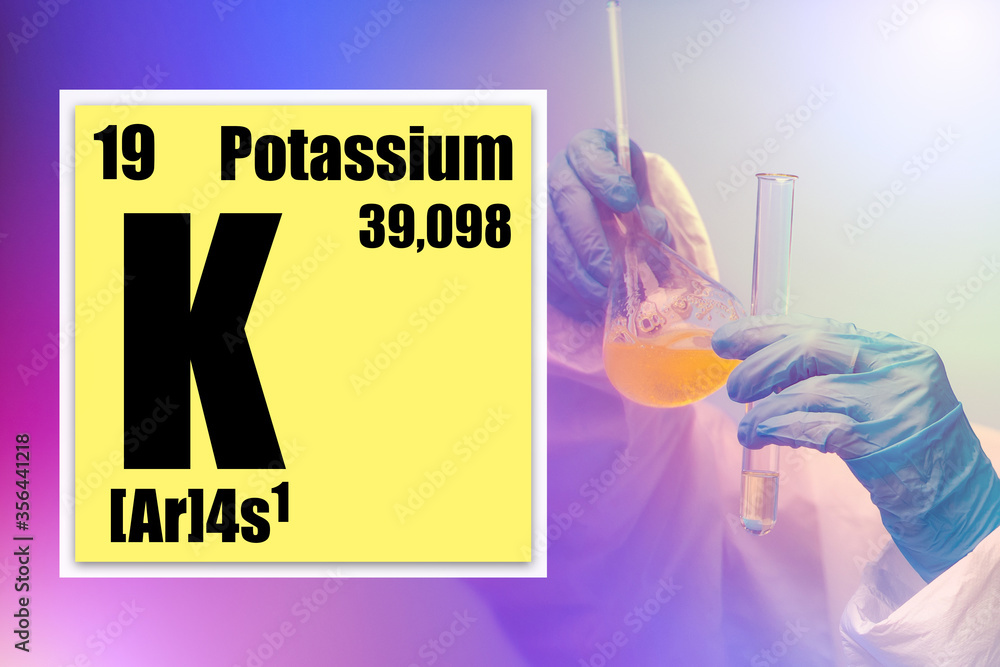 Potassium. Cell with symbol of potassium next to hands of a laboratory ...