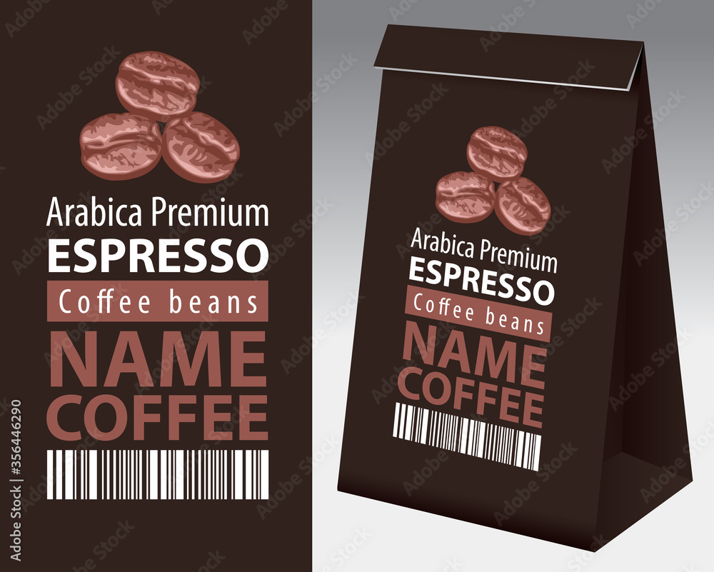 Paper packaging with a label for coffee beans. Vector coffee label with ...