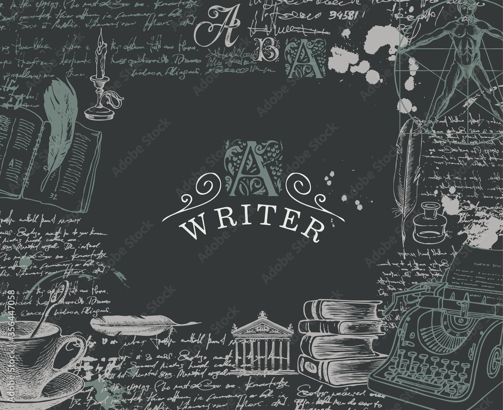 Writer workspace. Vector banner on a writers theme with sketches and ...