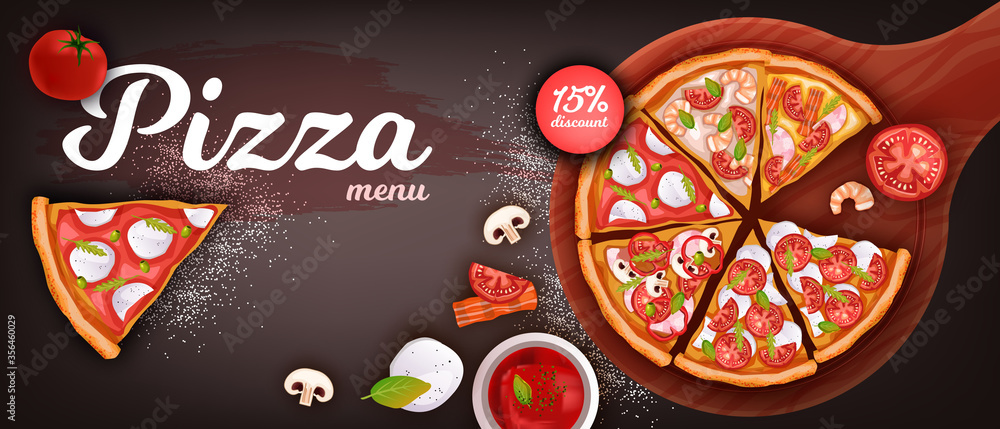 Pizza menu concept with pepperoni, margherita realistic slices, cutting ...
