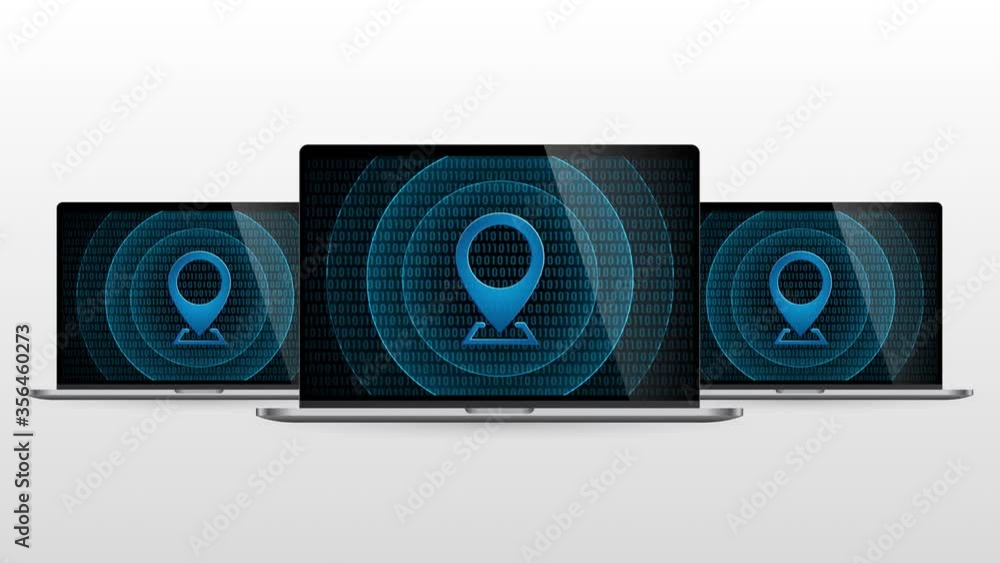 Laptop computer portable device with location pin. Realistic laptop ...