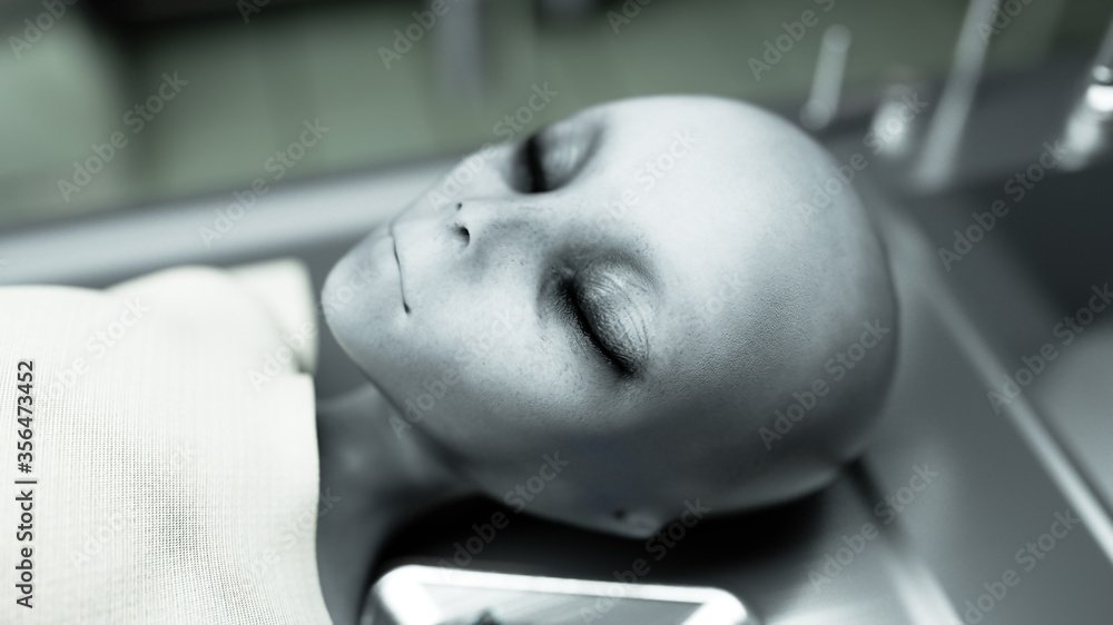 The dead alien in the morgue on the table. Futuristic autopsy concept ...