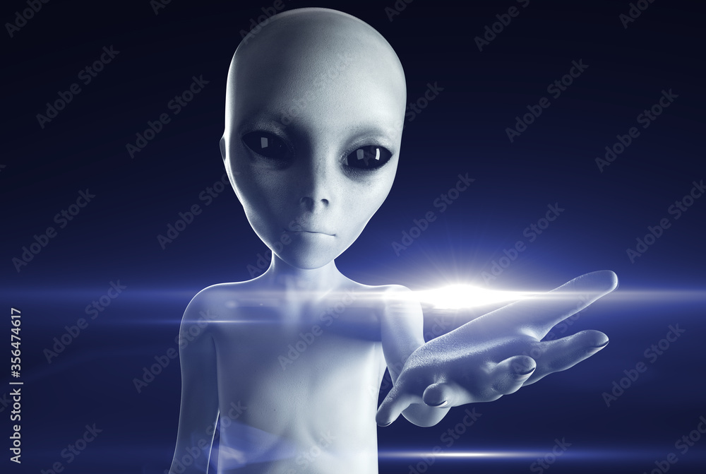 Alien hand reaching out. UFO futuristic concept. 3d rendering. Stock ...