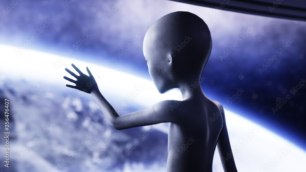 Alien in futuristic room. hand reaching out with Earth planet. UFO ...