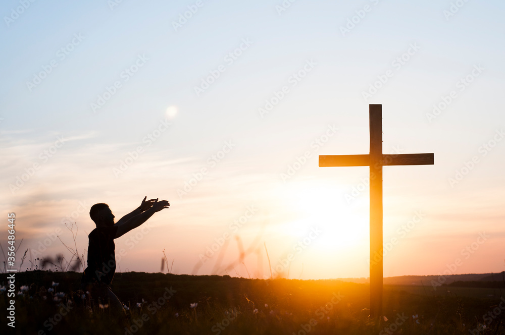 Prayer. Repentance. Wooden cross against the sky. Resurrection. The ...