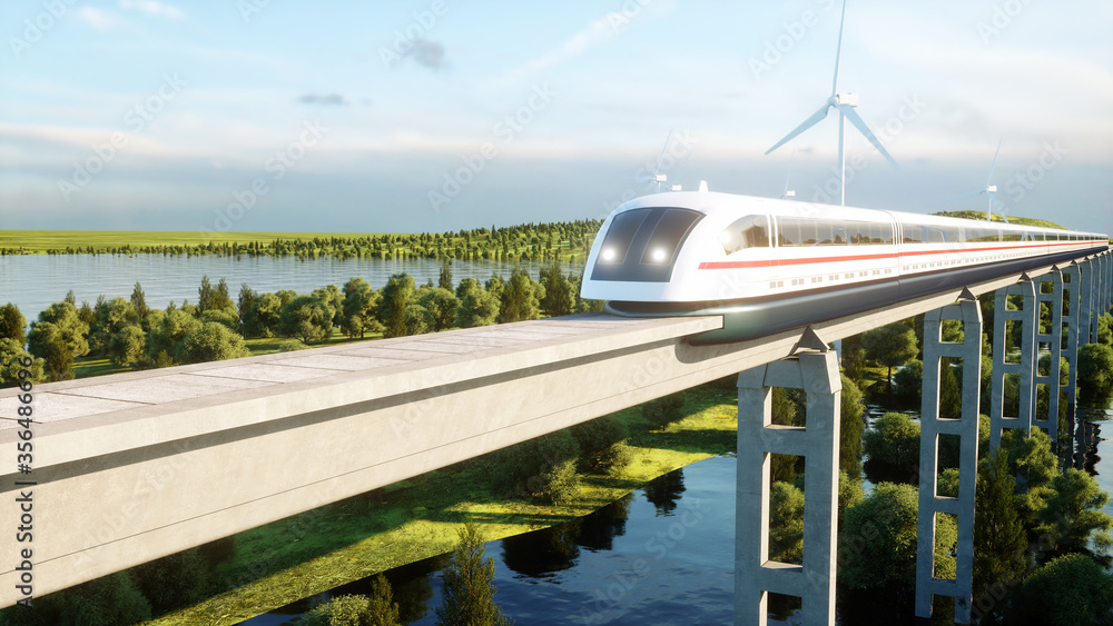 futuristic, modern Maglev train passing on mono rail. Ecological future ...