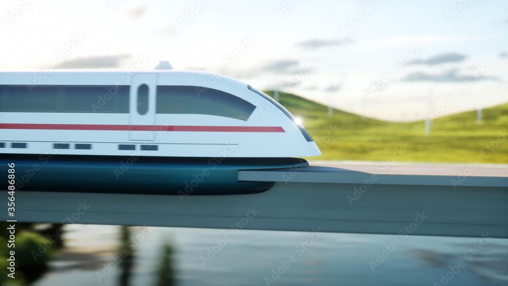 futuristic, modern Maglev train passing on mono rail. Ecological future ...