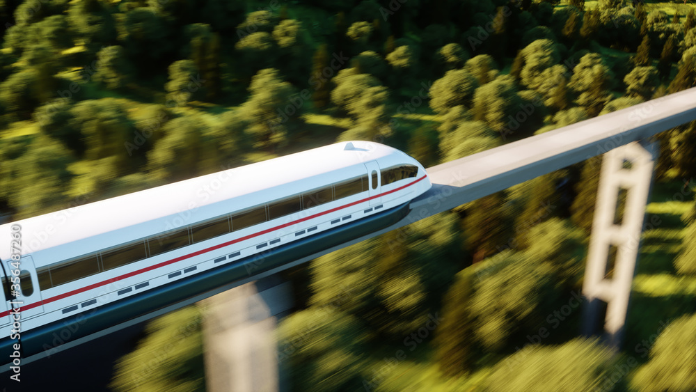 futuristic, modern Maglev train passing on mono rail. Ecological future ...