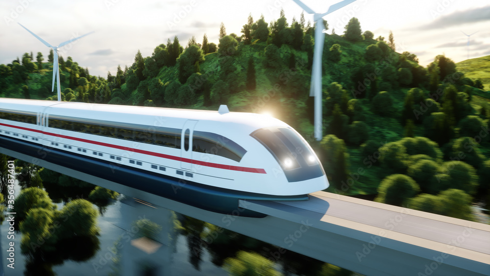 futuristic, modern Maglev train passing on mono rail. Ecological future ...