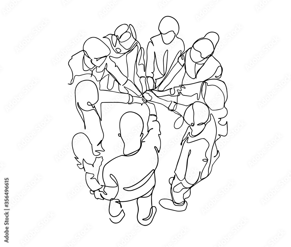 Obraz Top view continuous line drawing of young business group holding ... Obraz Top view continuous line drawing of young business group holding ...