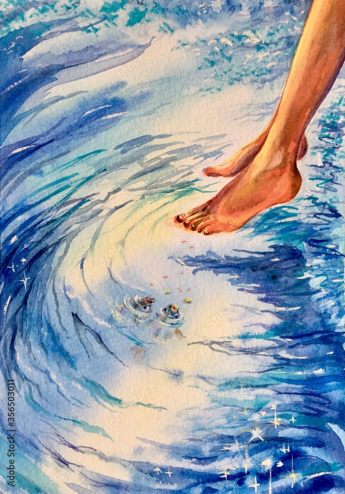 Watercolor woman foot in water and floating fish. Feet in water on a ...