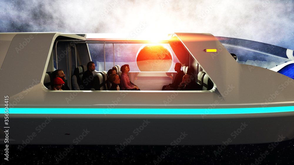 futuristic passenger bus flying in space. Transport of the future. 3d ...