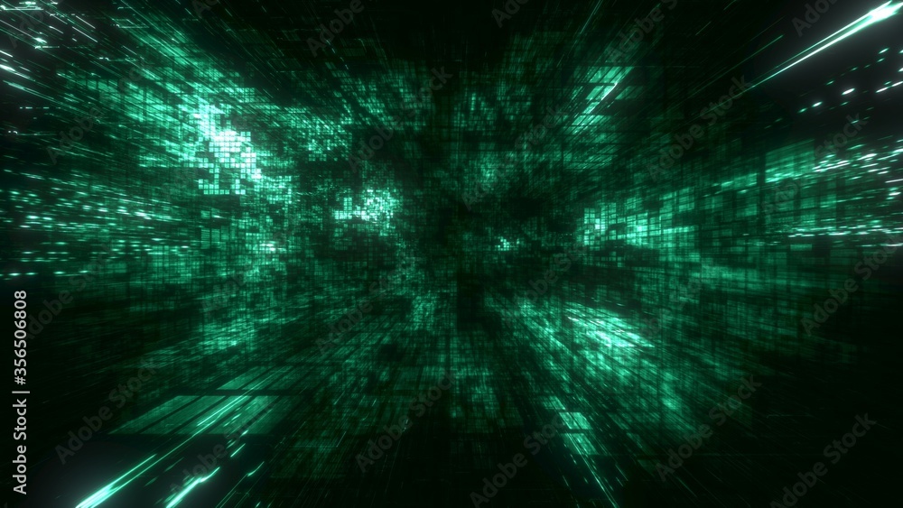 3D illustration of green futuristic abstract digital virtual reality ...